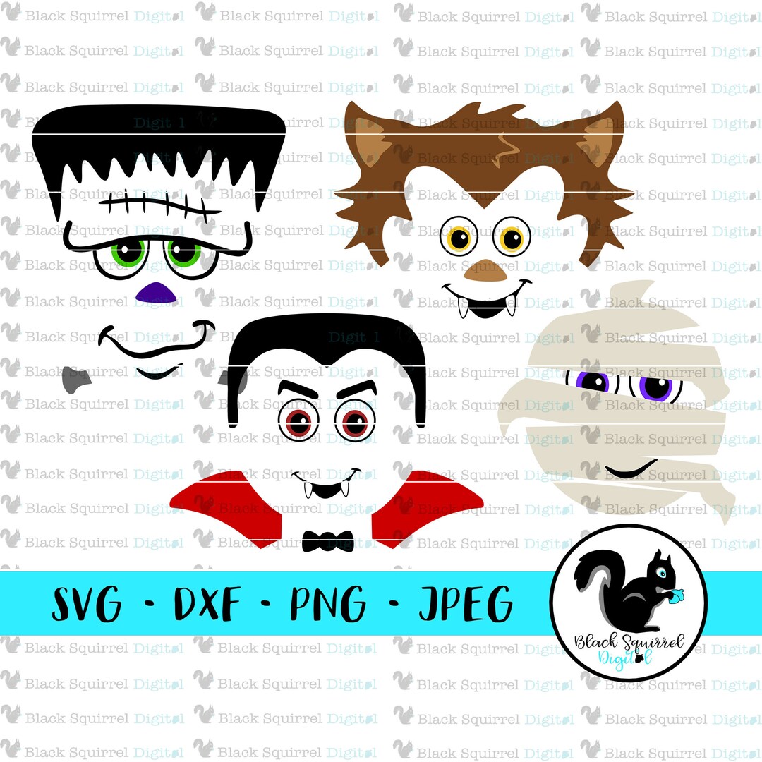Halloween Monster Faces Clipart, Frankenstein, Dracula, Mummy (svg, Png ...