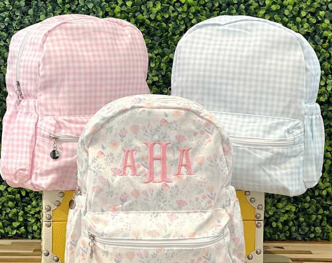 Floral Gingham Backpack With Monogram - Pink Blue Khaki Bookbag - Back ...