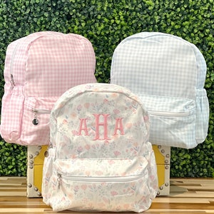 Floral Gingham Backpack With Monogram - Pink Blue Khaki Bookbag - Back ...