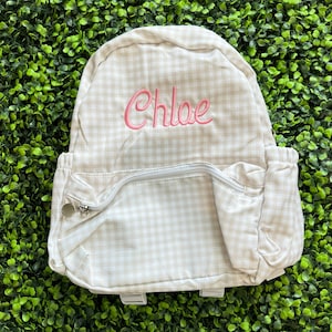 Floral Gingham Backpack With Monogram - Pink Blue Khaki Bookbag - Back ...