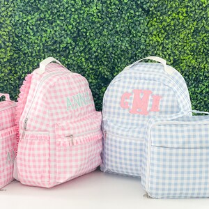 Monogram Gingham Backpack Lunchbox Set: Pink Ruffle, Blue Bookbag - Etsy