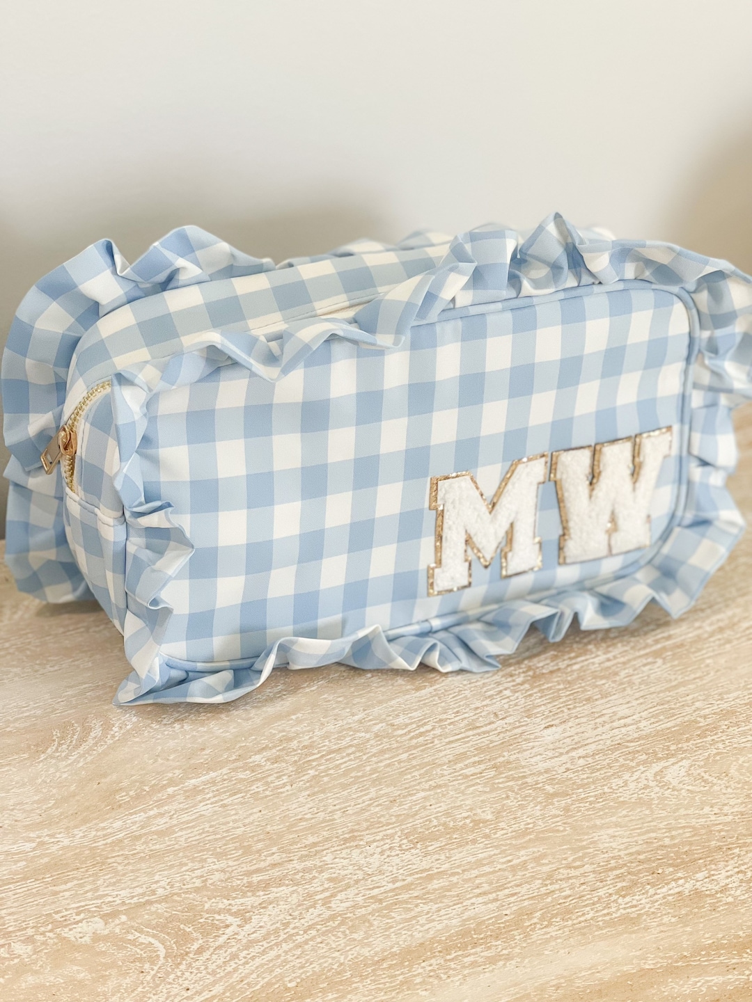 Ruffle Gingham Travel Pouch: Blue Zipper Bag With Chenille Letter ...