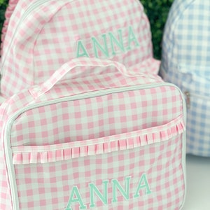 Monogram Gingham Backpack Lunchbox Set: Pink Ruffle, Blue Bookbag - Etsy