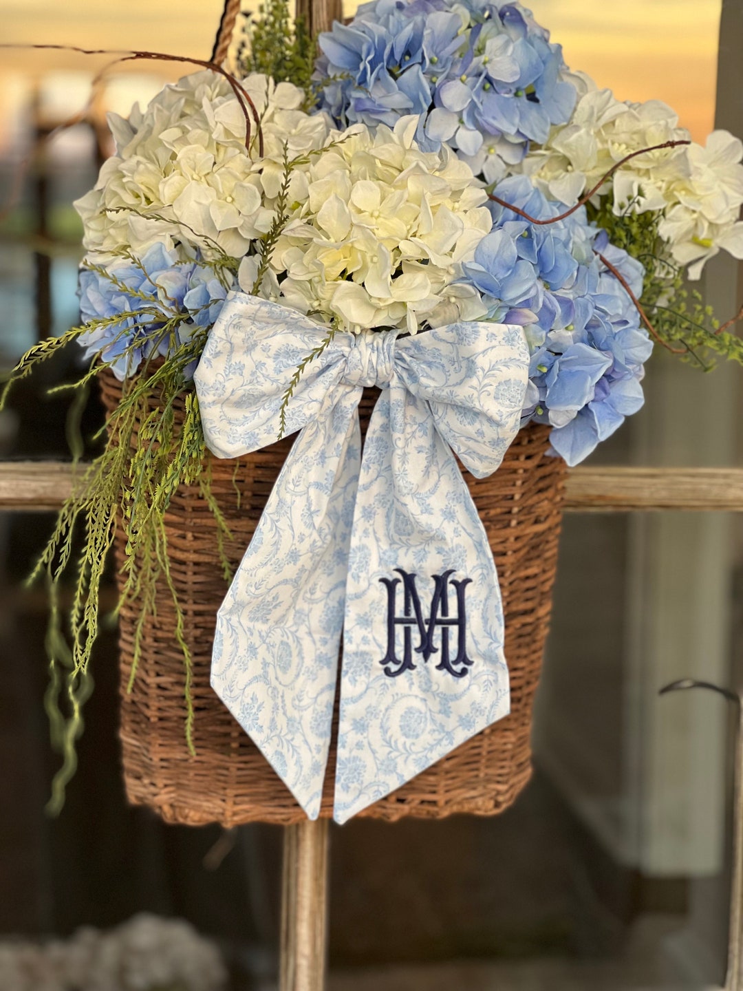 Blue Floral Wreath Sash With Monogram - Spring Front Door Decor ...