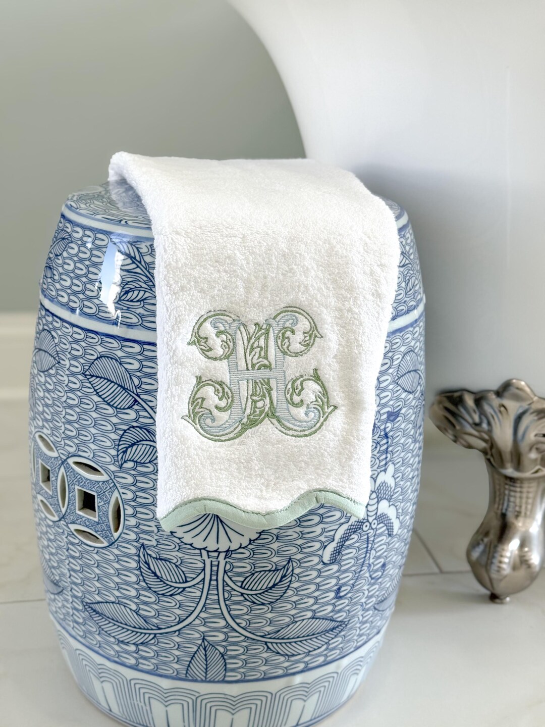 Hand Towel With Piping Scallop Trim and Monogram - Bathroom ...