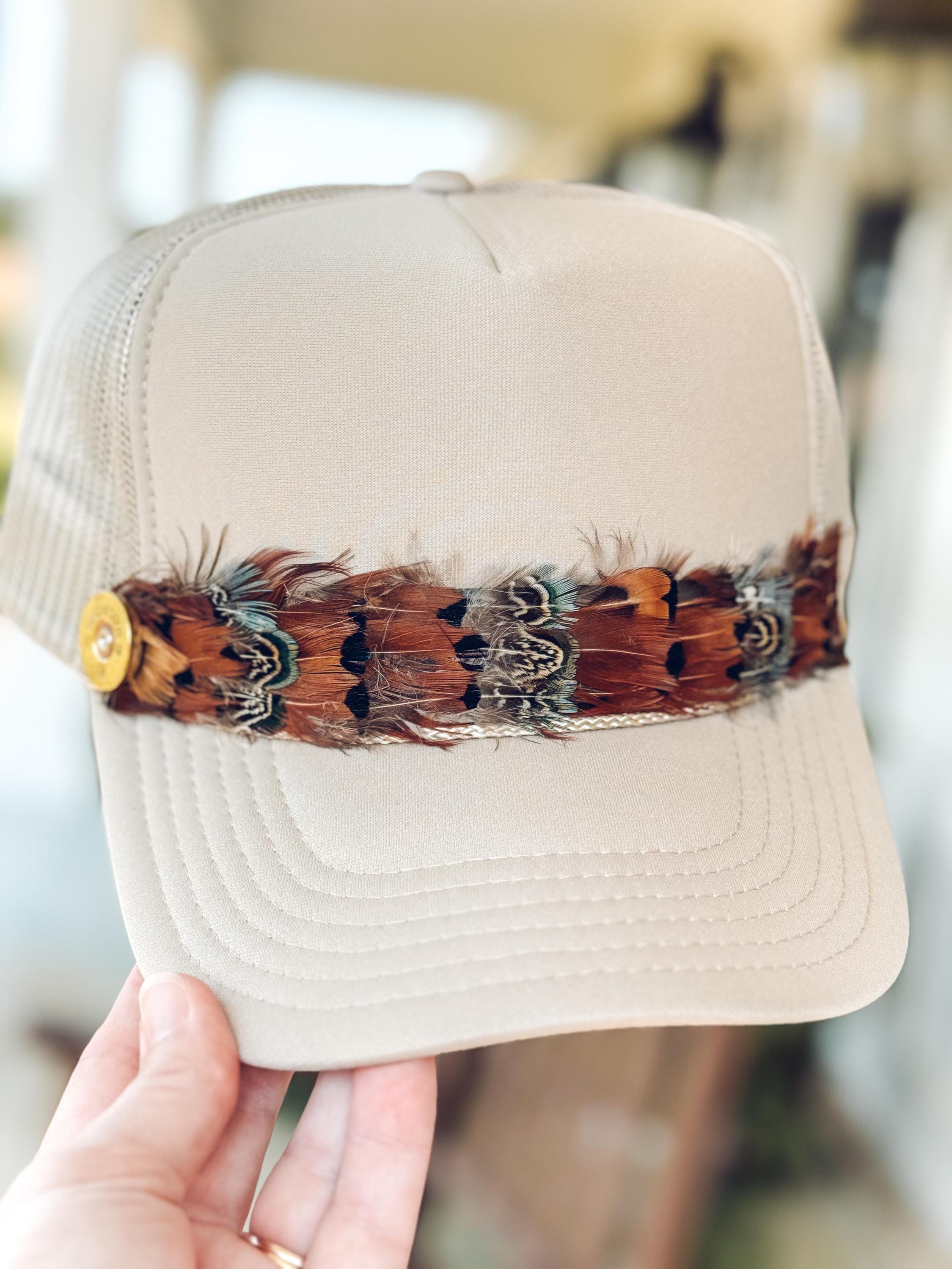 Trucker Hat With 12 Gauge Shell Accent and Natural Feathers - Custom ...
