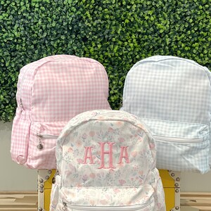 Floral Gingham Backpack With Monogram - Pink Blue Khaki Bookbag - Back ...
