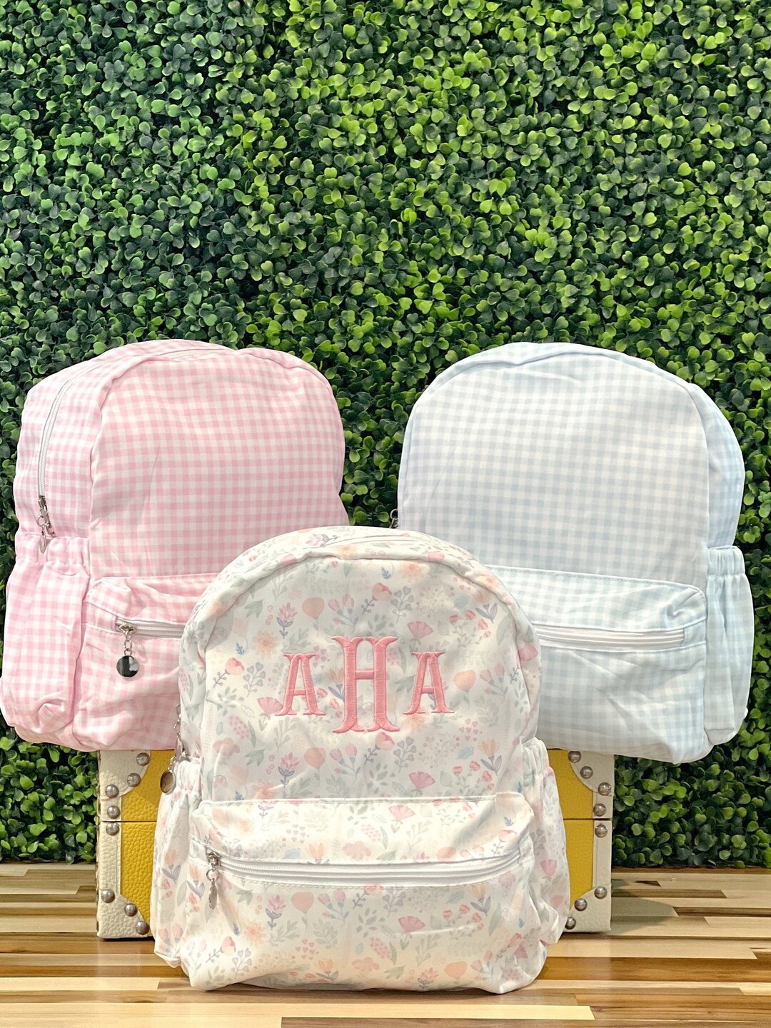 Floral Gingham Backpack With Monogram - Pink Blue Khaki Bookbag - Back ...