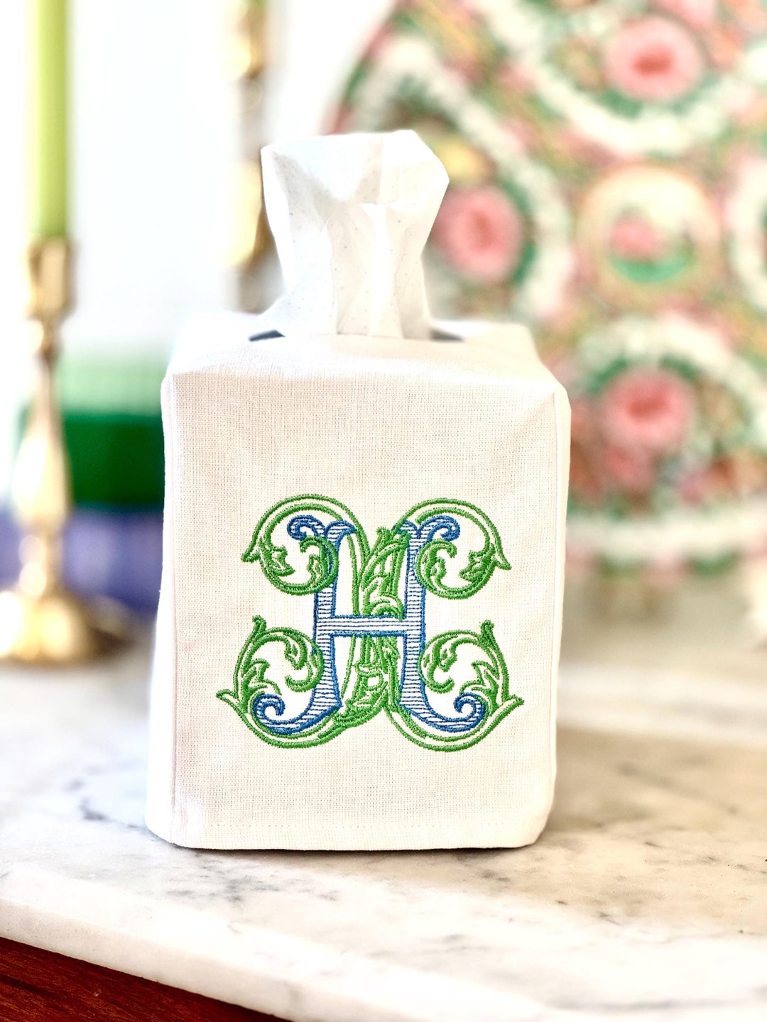 Tissue Box Cover With Monogram - Custom Linen Tissue Holder ...