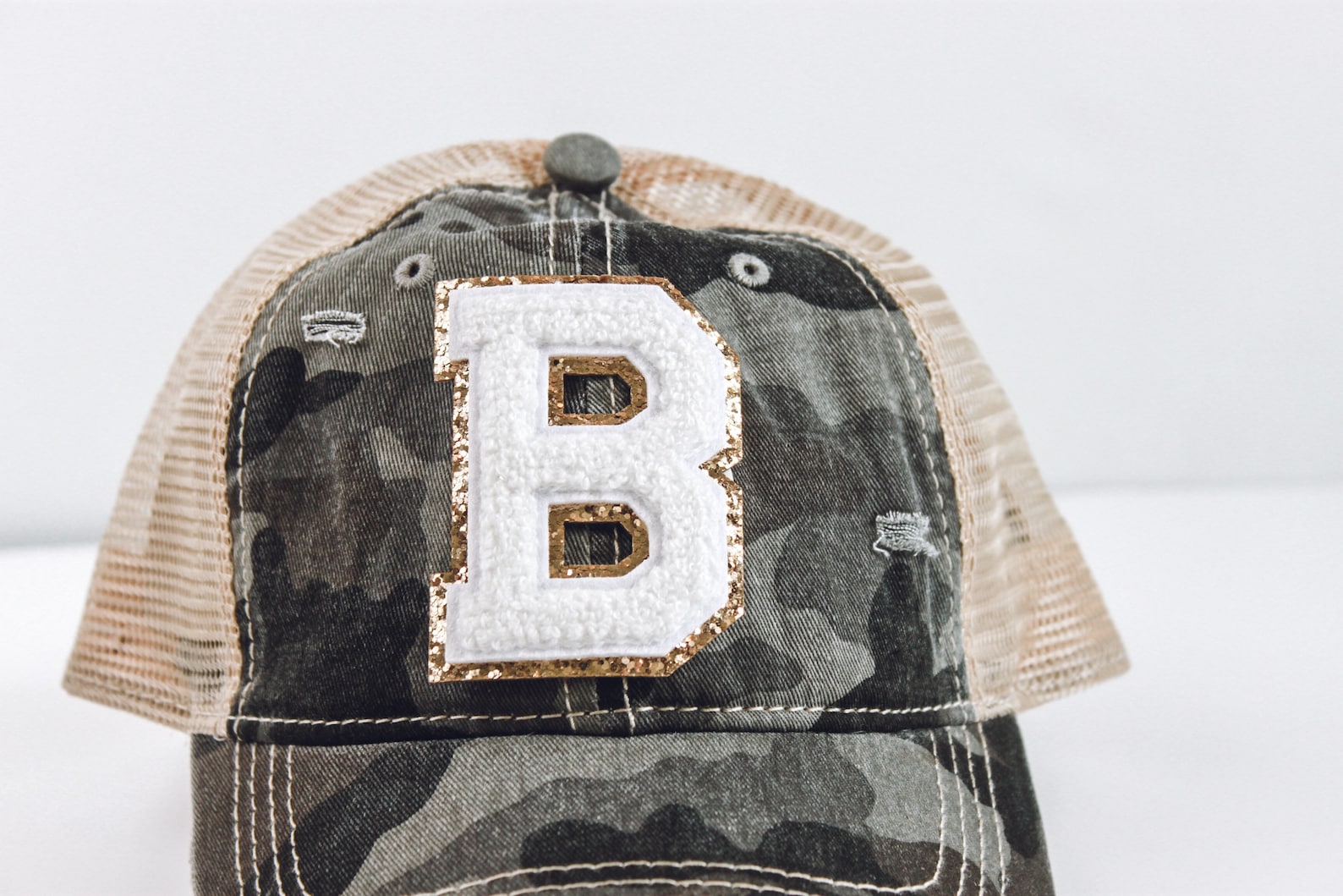 Monogrammed Distressed Camo Hat with Chenille Patch CC | Etsy