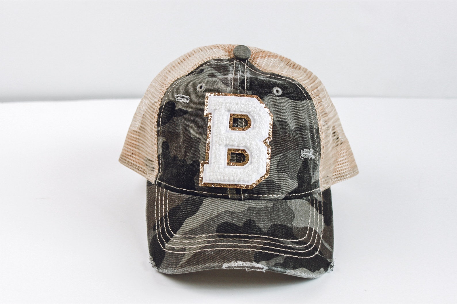 Monogrammed Distressed Camo Hat with Chenille Patch CC | Etsy