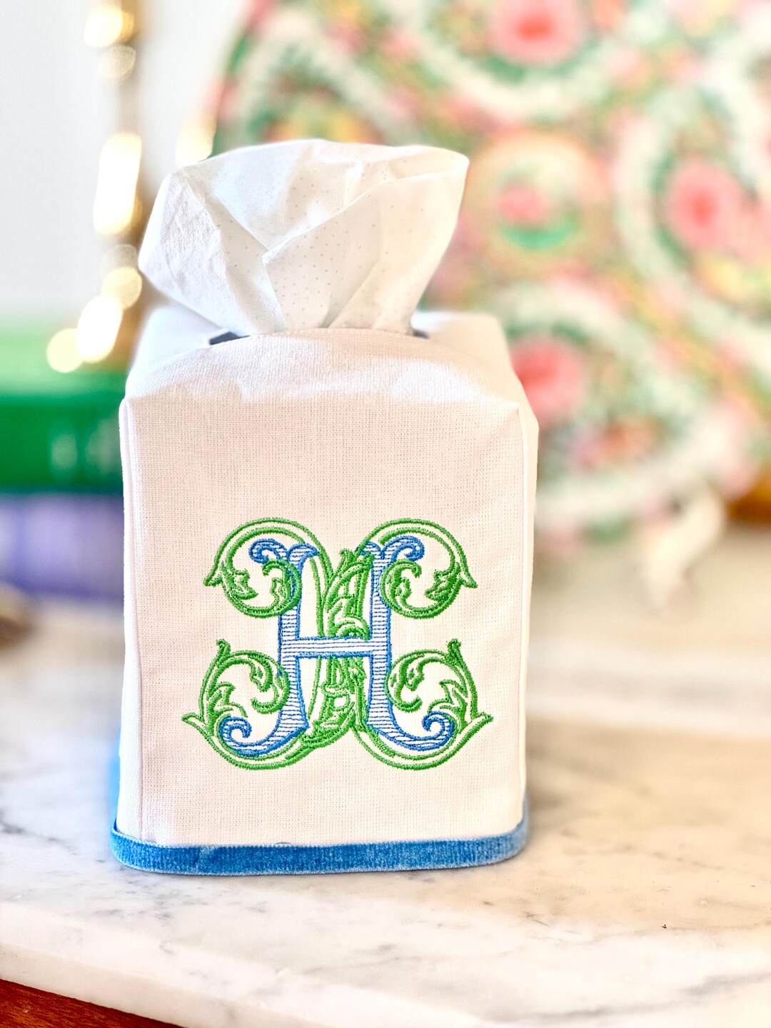 Custom Tissue Box Cover With Monogram - Linen Tissue Holder ...