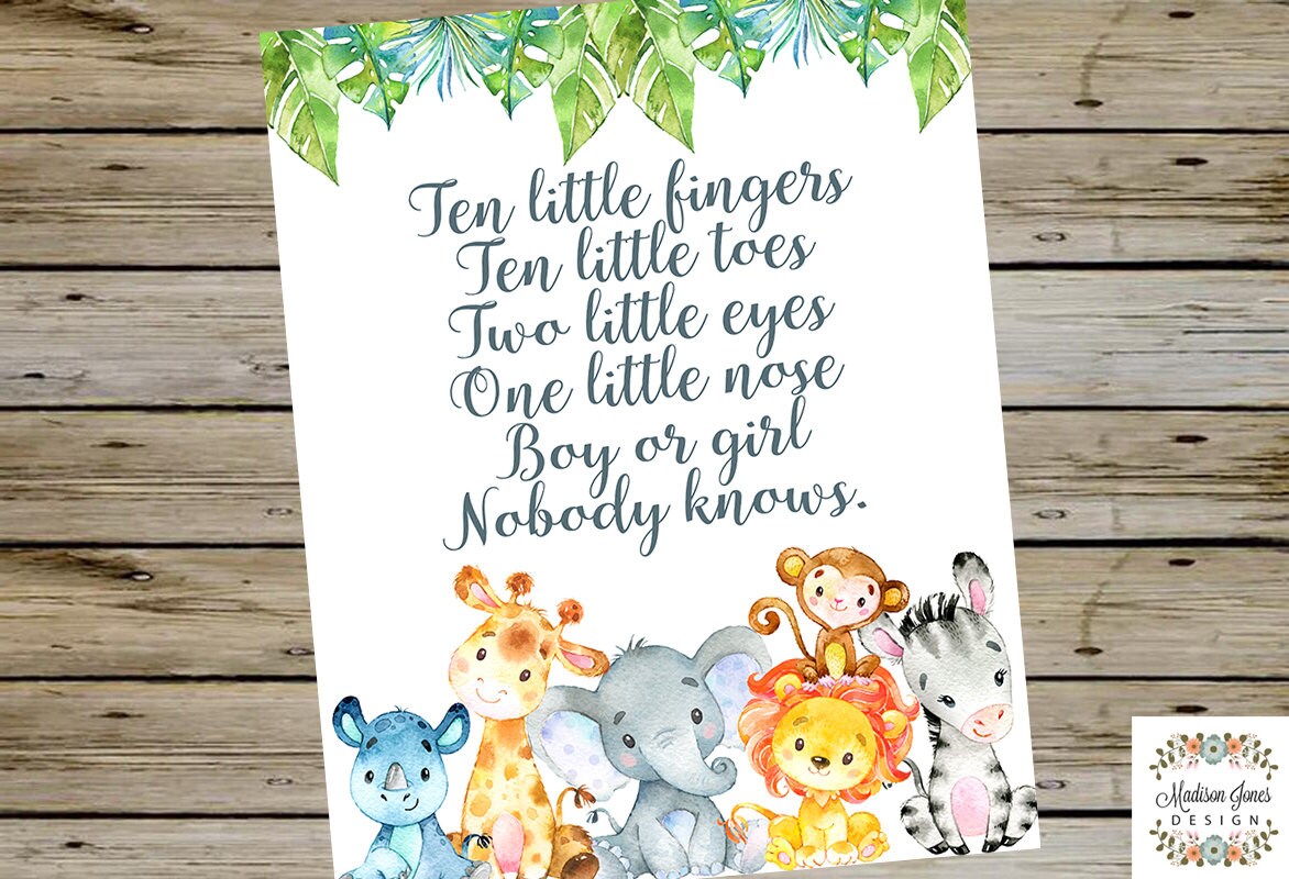 Safari Poem Baby Shower Sign Ten little fingers Ten little | Etsy