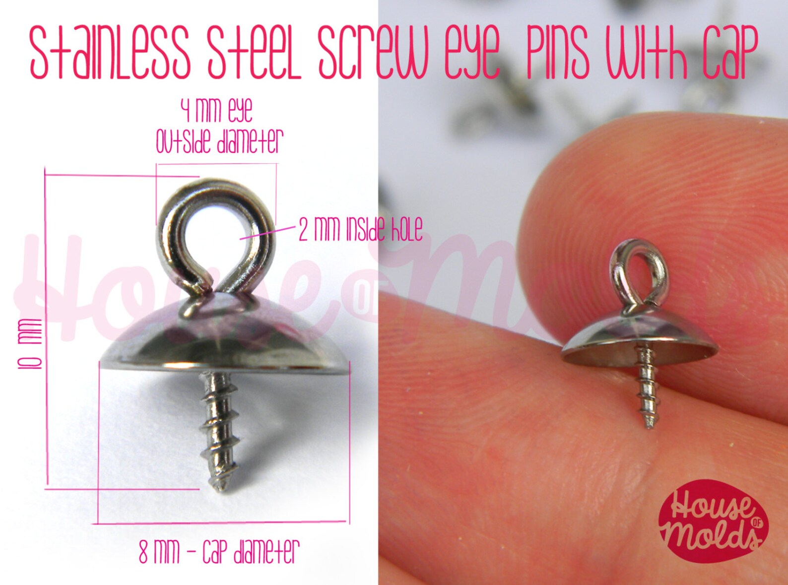 Stainless Steel Screw Eyepins With Cap-8x10 Mm-perfect for Create Your ...