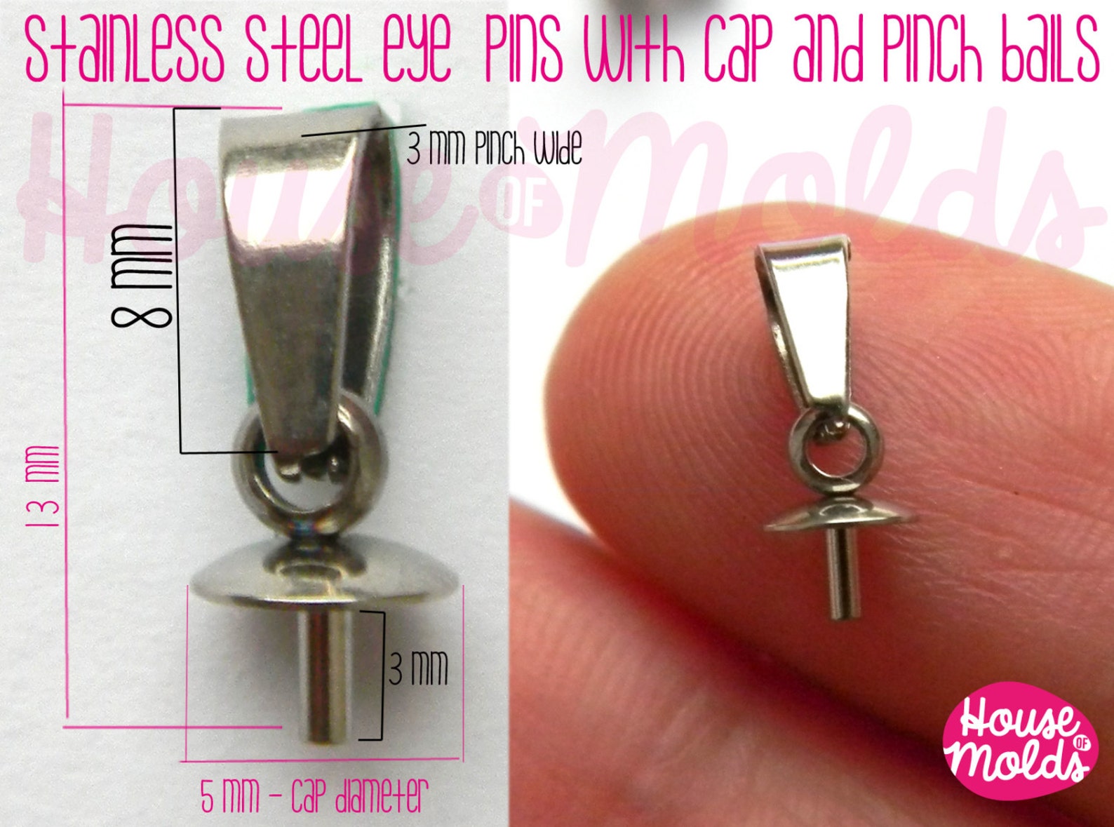 Stainless Steel Tiny Eyepins With Caps and Pinch Bails -5x13 Mm-perfect ...