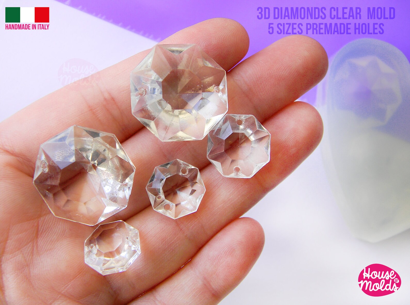 5 Diamonds Clear Mold ,3d-resin Cystals Diamonds , Premade Holes, Super ...