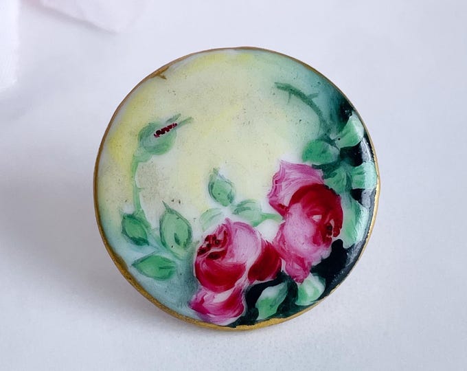 Vintage Porcelain Button Hand Painted Floral Stud Button Pink Roses ...