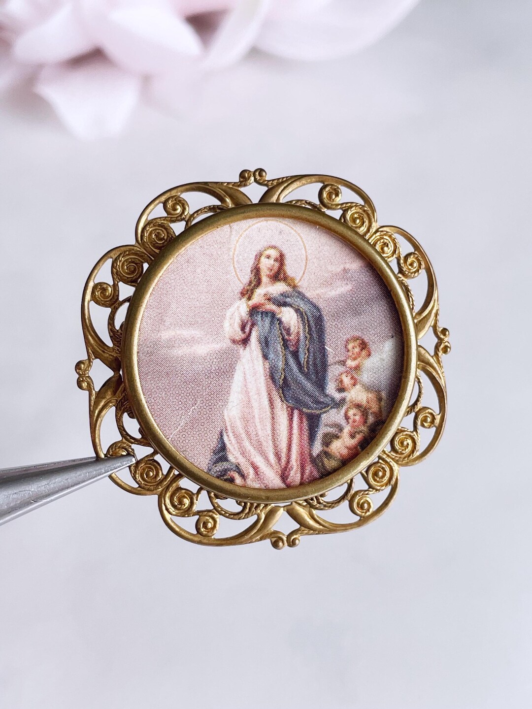 Vintage Virgin Mary Finding Photo Pendant Filigree Brass Ornament of ...