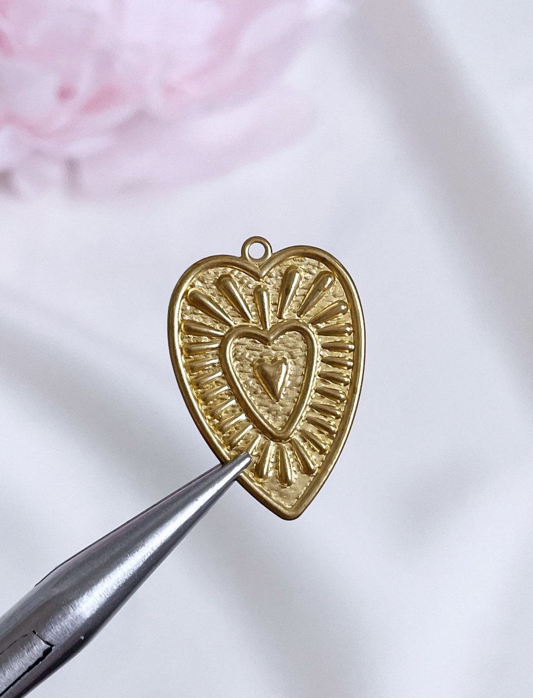 Brass Heart Charm Sacred Heart Valentine Pendant Embossed Heart With ...
