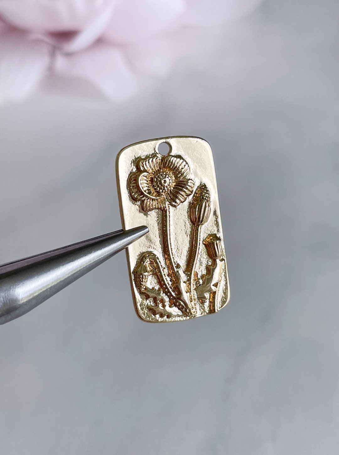 18K Gold Plated Flower Pendant Floral Rectangle Pendant Daisy Charm ...