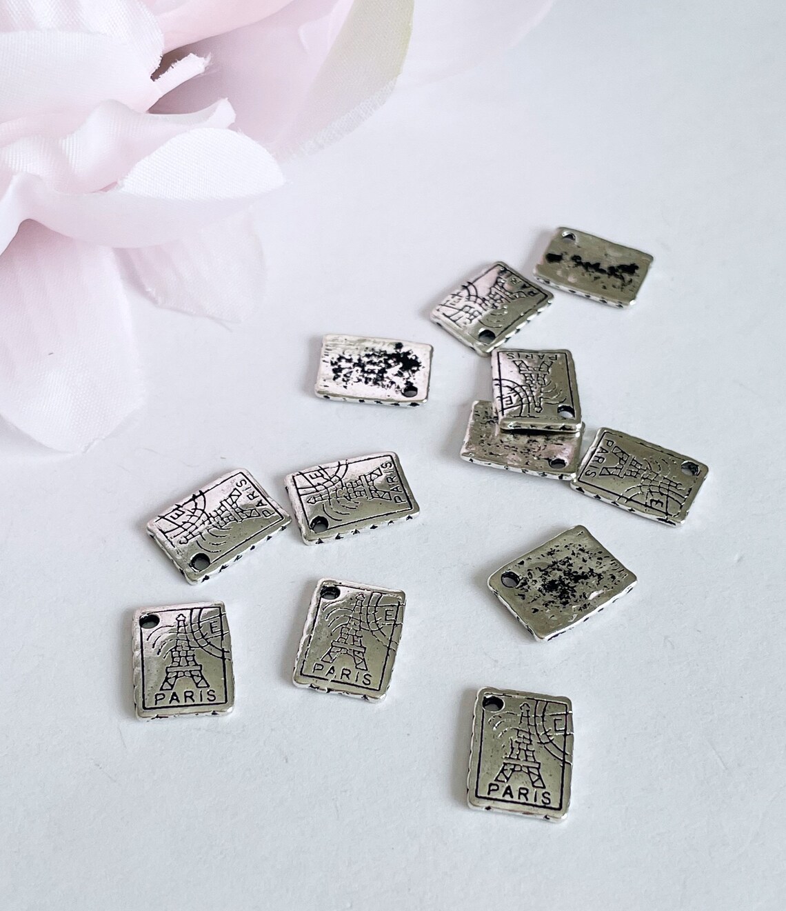 Silver Toned Paris Postage Stamp Charms With Eiffel Tower Small Tiny ...
