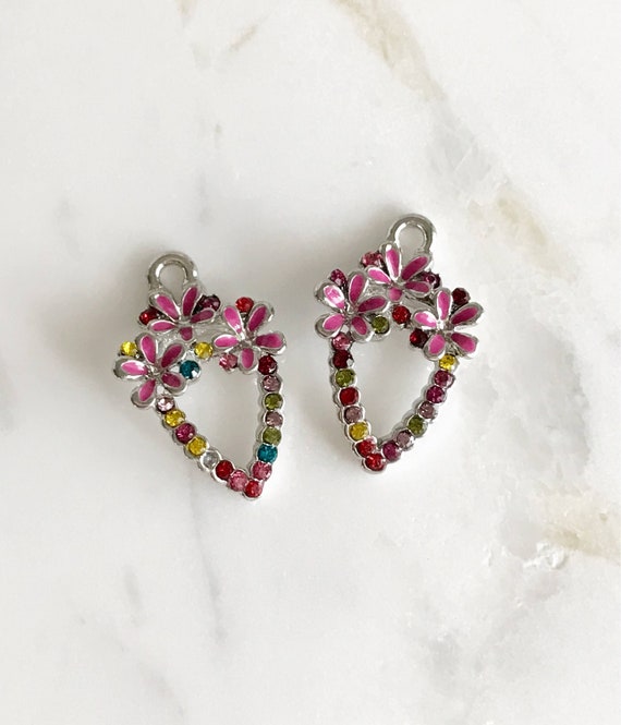 Rhinestone heart charms x 2 multi color hearts pink enamel | Etsy