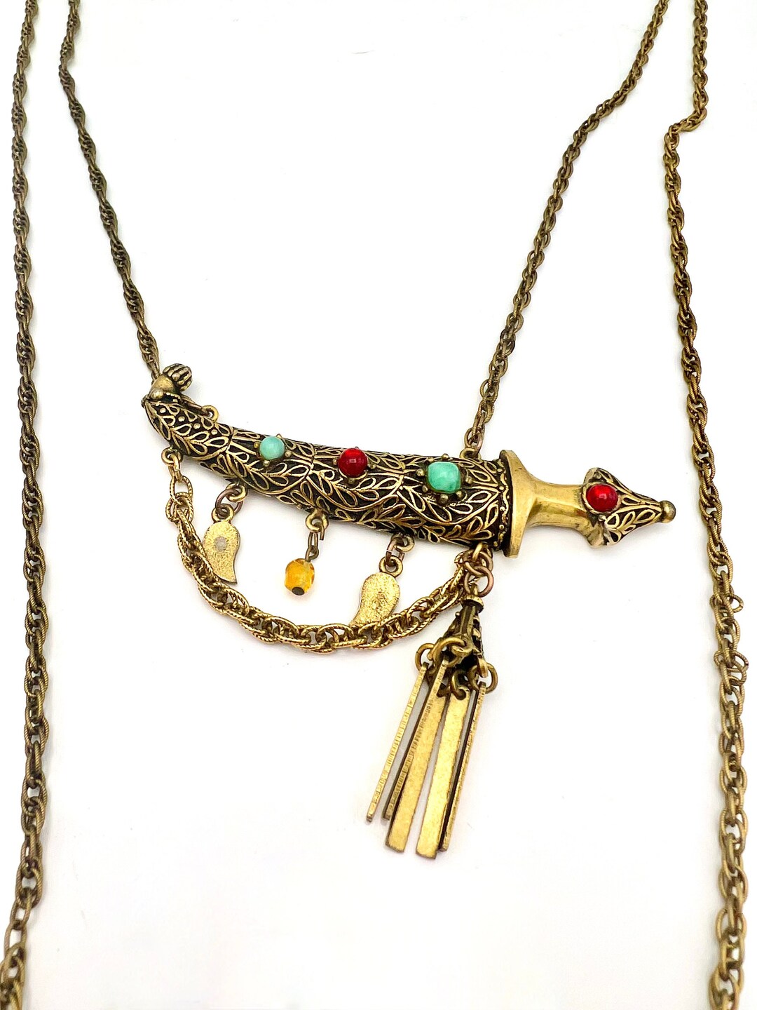 Weiss Brass Scabbard Dagger Sword Necklace Double Chain Tassel Dangle ...
