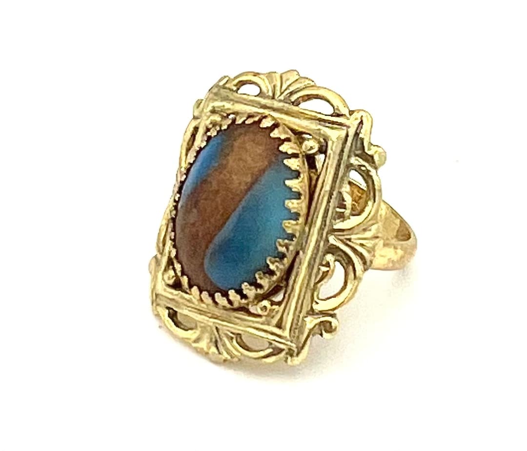 Vintage Whiting and Davis Blue Brown Glass Rhinestone Cocktail Ring ...