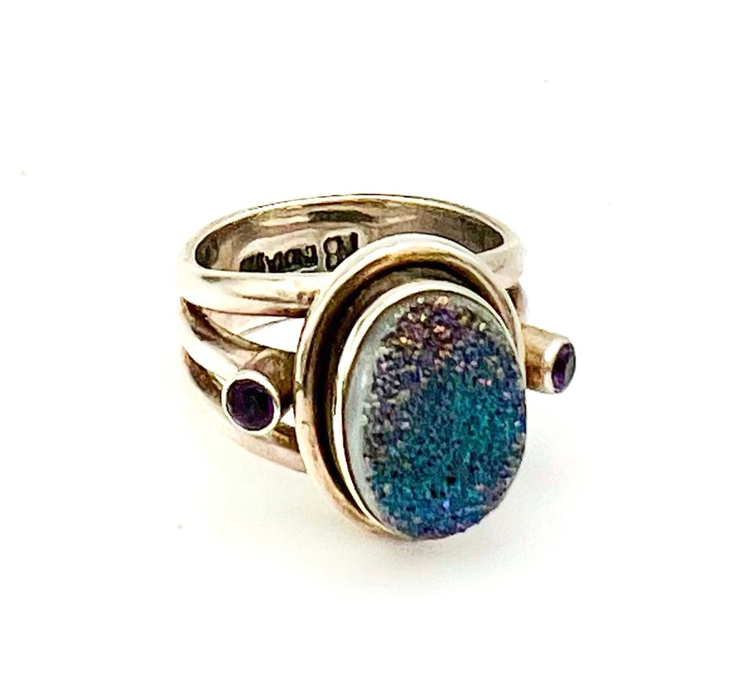 Sterling Silver Titanium Druzy Amethyst Ring Multi Stone Size 8 Quartz ...