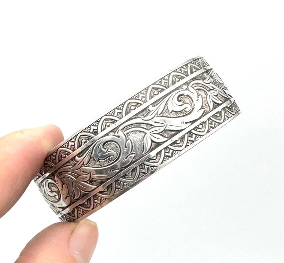 Sterling Cuff Bracelet flower embossed sterling silv… - Gem