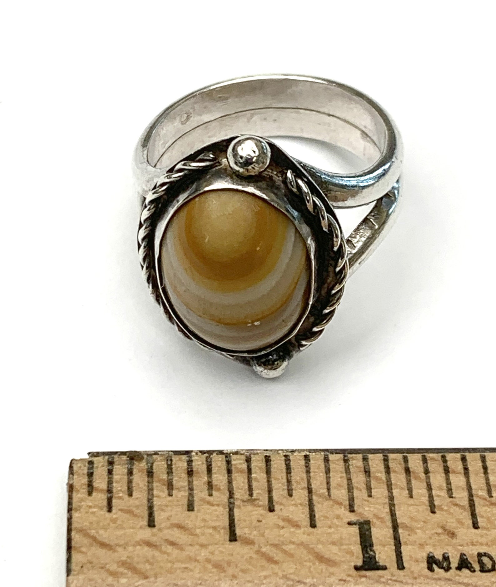 Banded Agate Ring Sterling Silver Setting Orange White Striped Gemstone ...