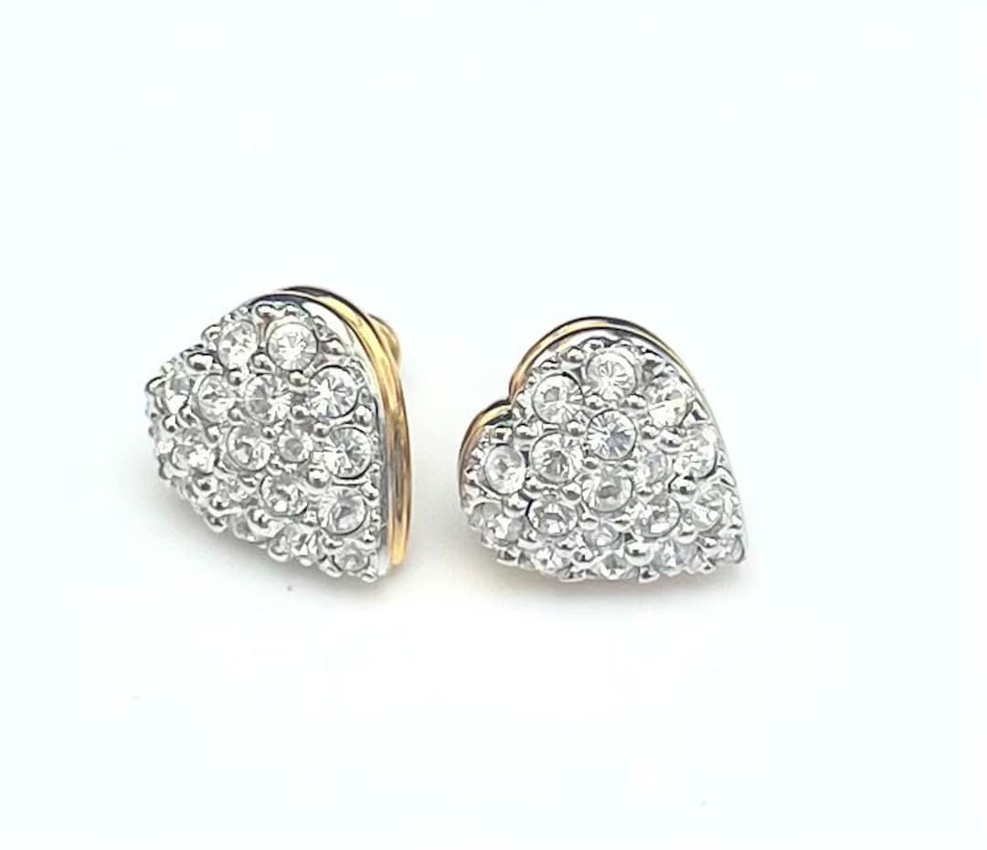 Swarovski Rhinestone heart earrings Swan Signed Clear crystal stud pierced earring Etsy