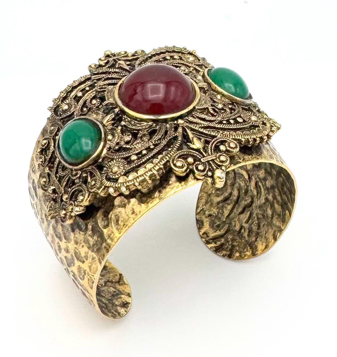 Victorian Revival Cuff Bracelet Ornate Gold Brass Filigree Red Green ...