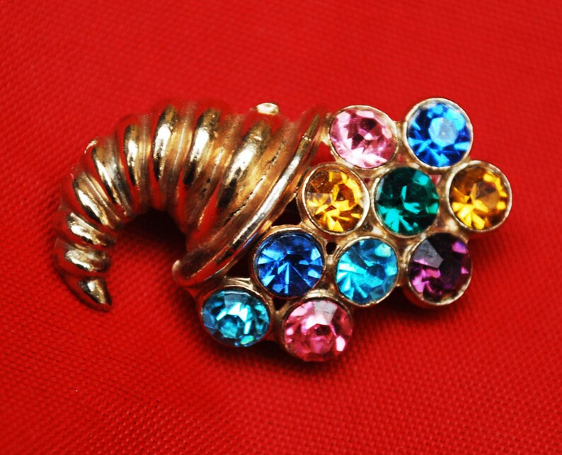 Cornucopia Brooch Multi Color Rhinestone Gold Tone Vintage - Etsy
