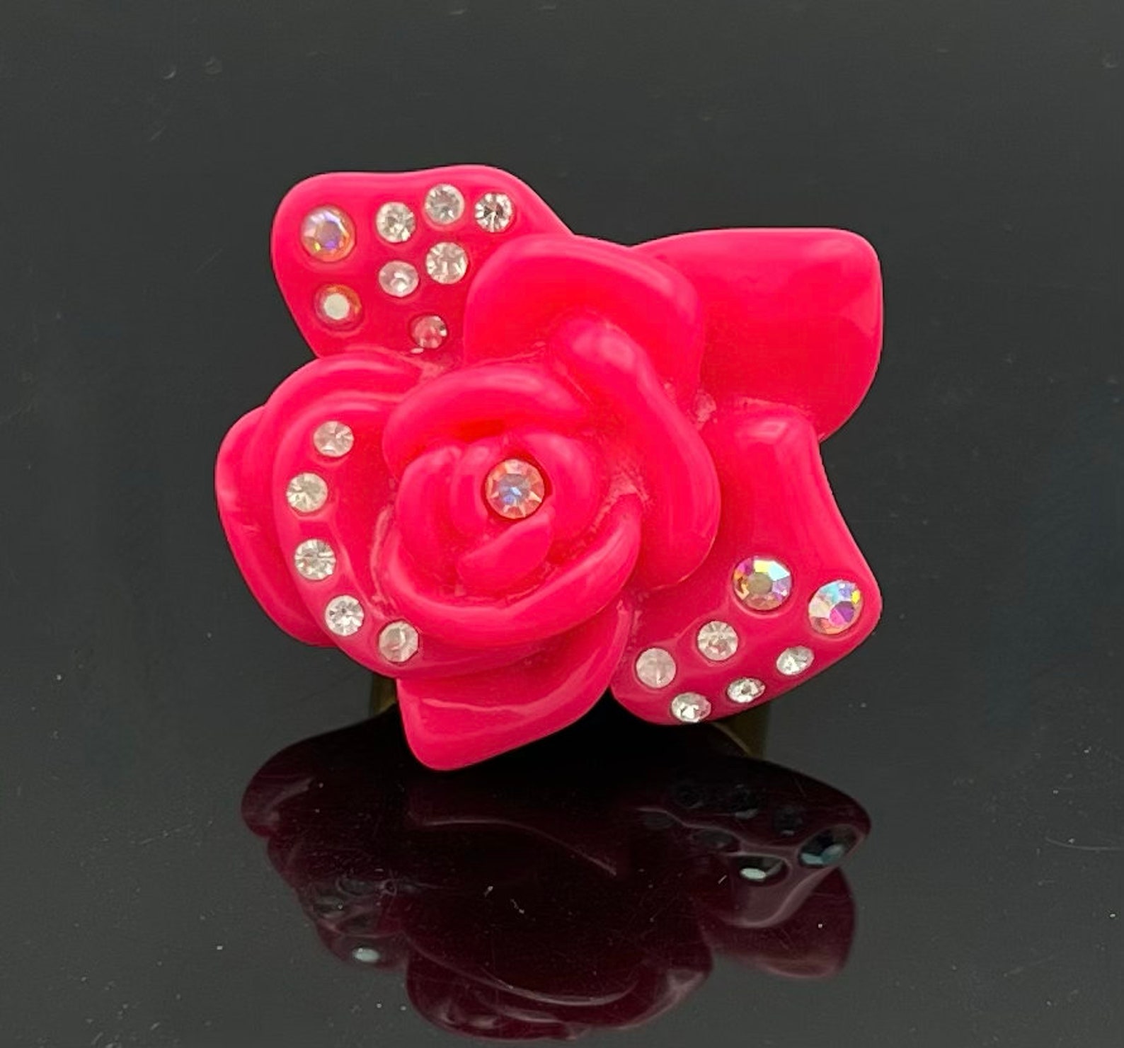 Juicy Couture Flower Ring Pink Plastic Clear Rhinestone Size 6 -floral ...