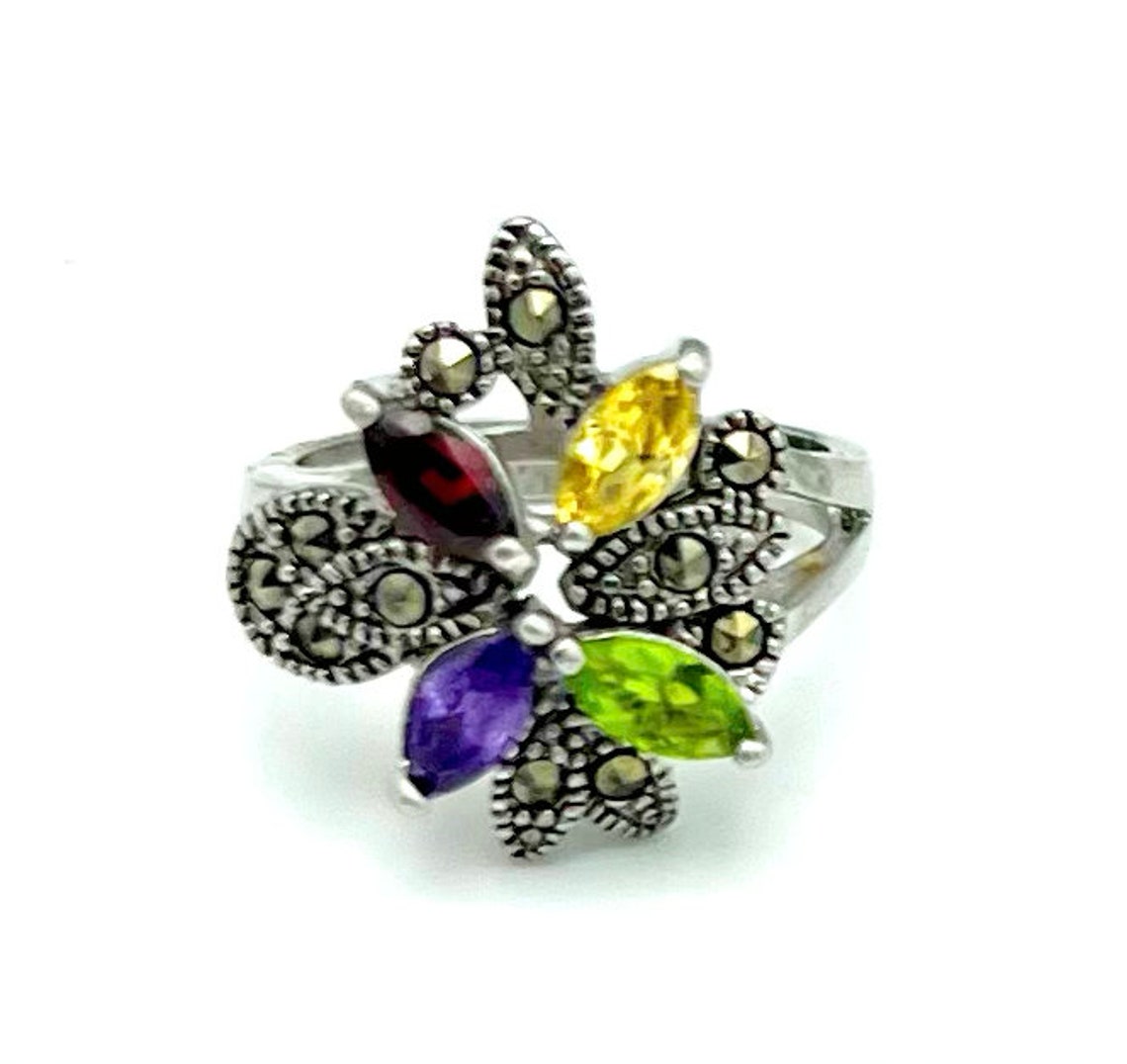 Multi Gemstone Flower Ring Sterling Silver Amethyst Garnet - Etsy