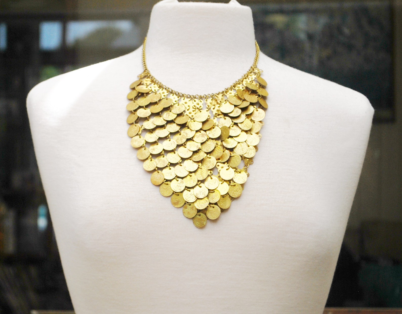 Gold Dangle Coin Bib Necklace V Shape Mid Century Mod Boho - Etsy