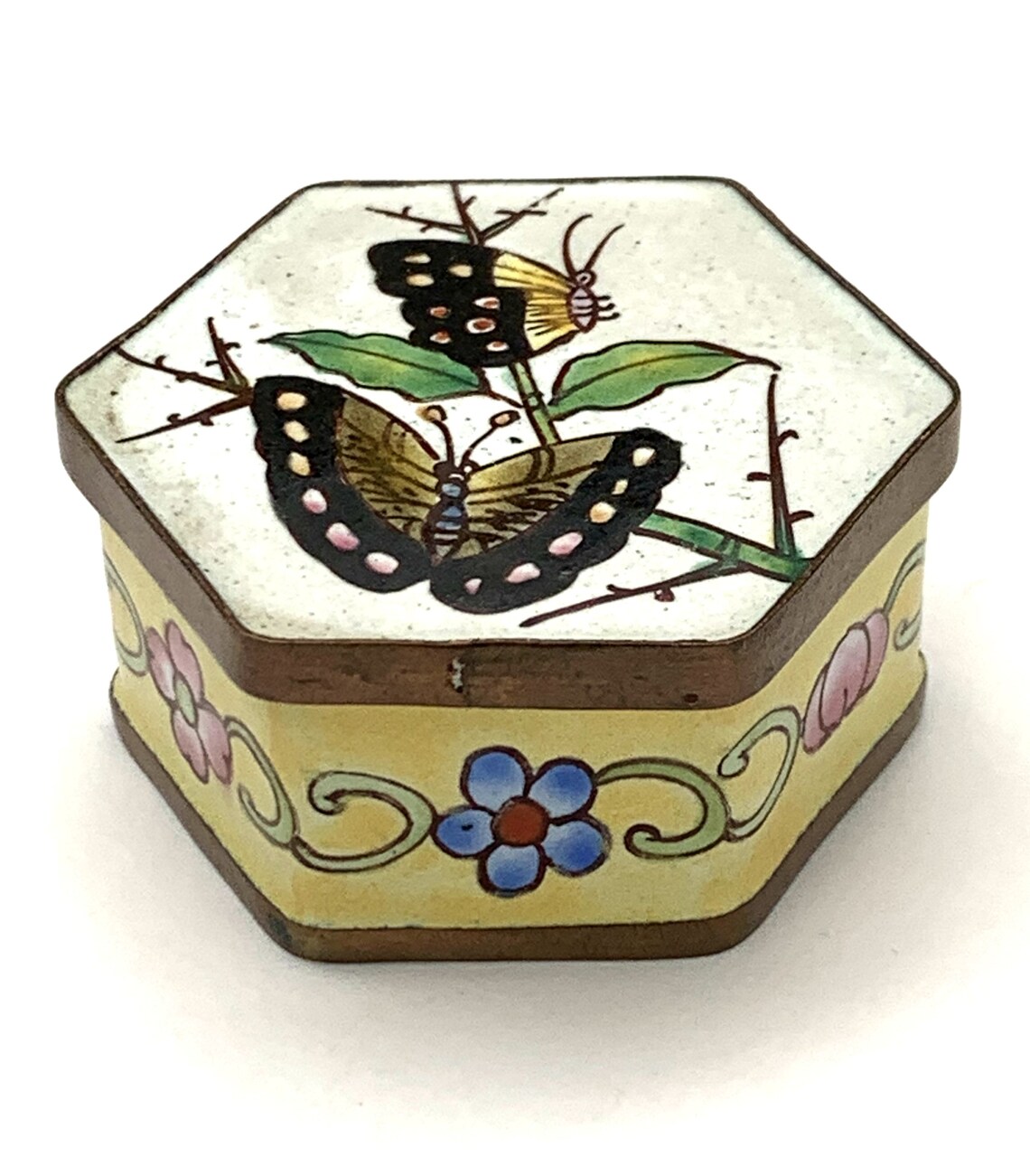 Butterfly Pill Box Yellow White Blue Enameling Floral Flower - Etsy
