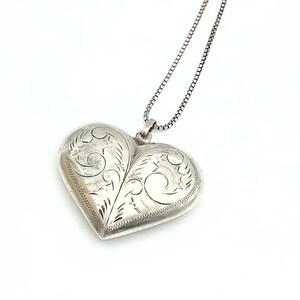 Sterling Silver Heart Pendant Necklace Etched Puffy Hallow Heart ...