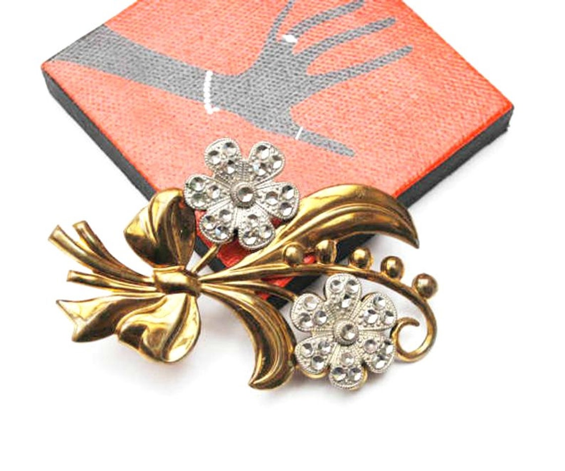 Flower Brooch Art Deco Gold Plated Metal Silver Cut Steel | Etsy