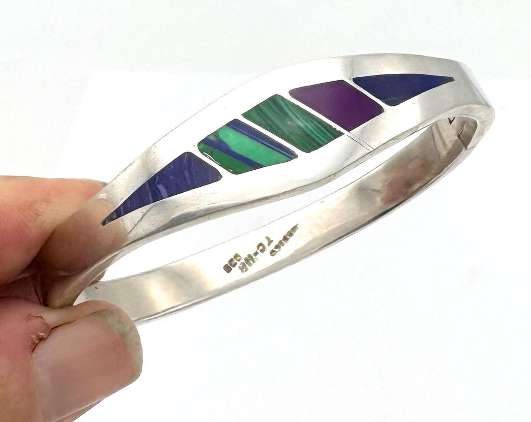 Azurite Malachite and Chariot Inlay Bracelet Mexico Taxco 925 Sterling ...