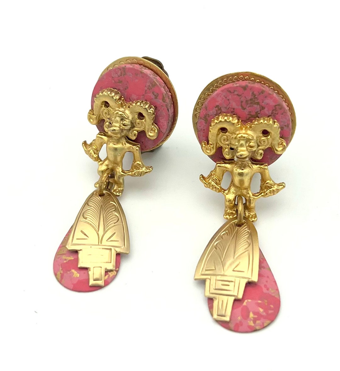 Pink Brass Dangle Earrings Gold Aztec Ram Tribal L Dangles Clip on ...