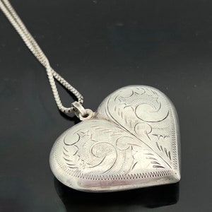 Sterling Silver Heart Pendant Necklace Etched Puffy Hallow Heart ...