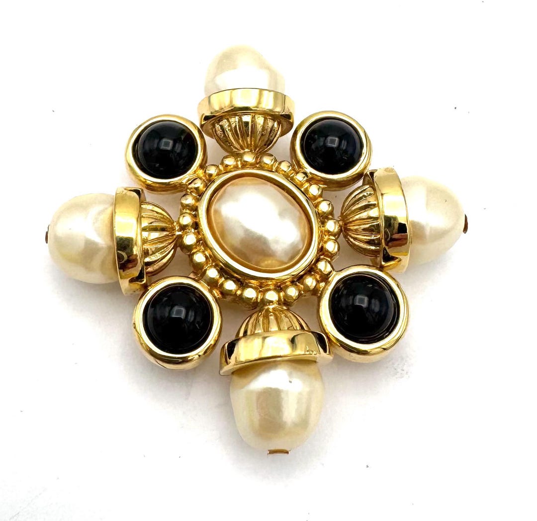 St. John Cross Brooch Pearl Black Cabochon Maltese Cross Pin - Etsy