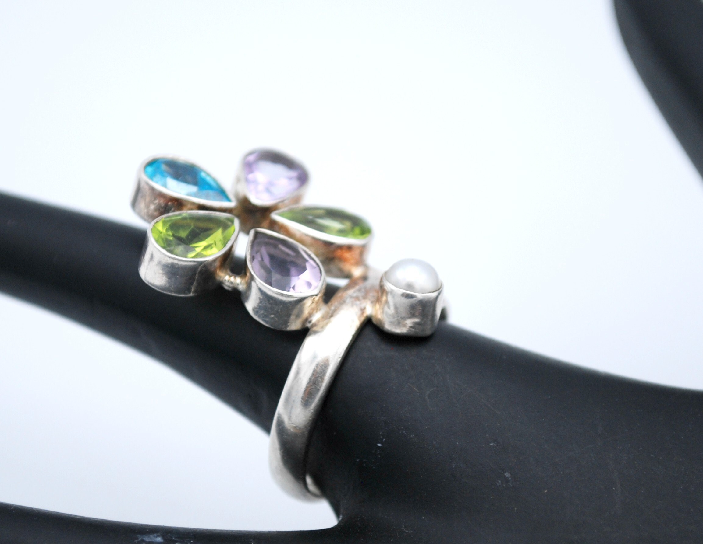 Multi gemstone Flower ring Sterling silver Amethyst Peridot | Etsy