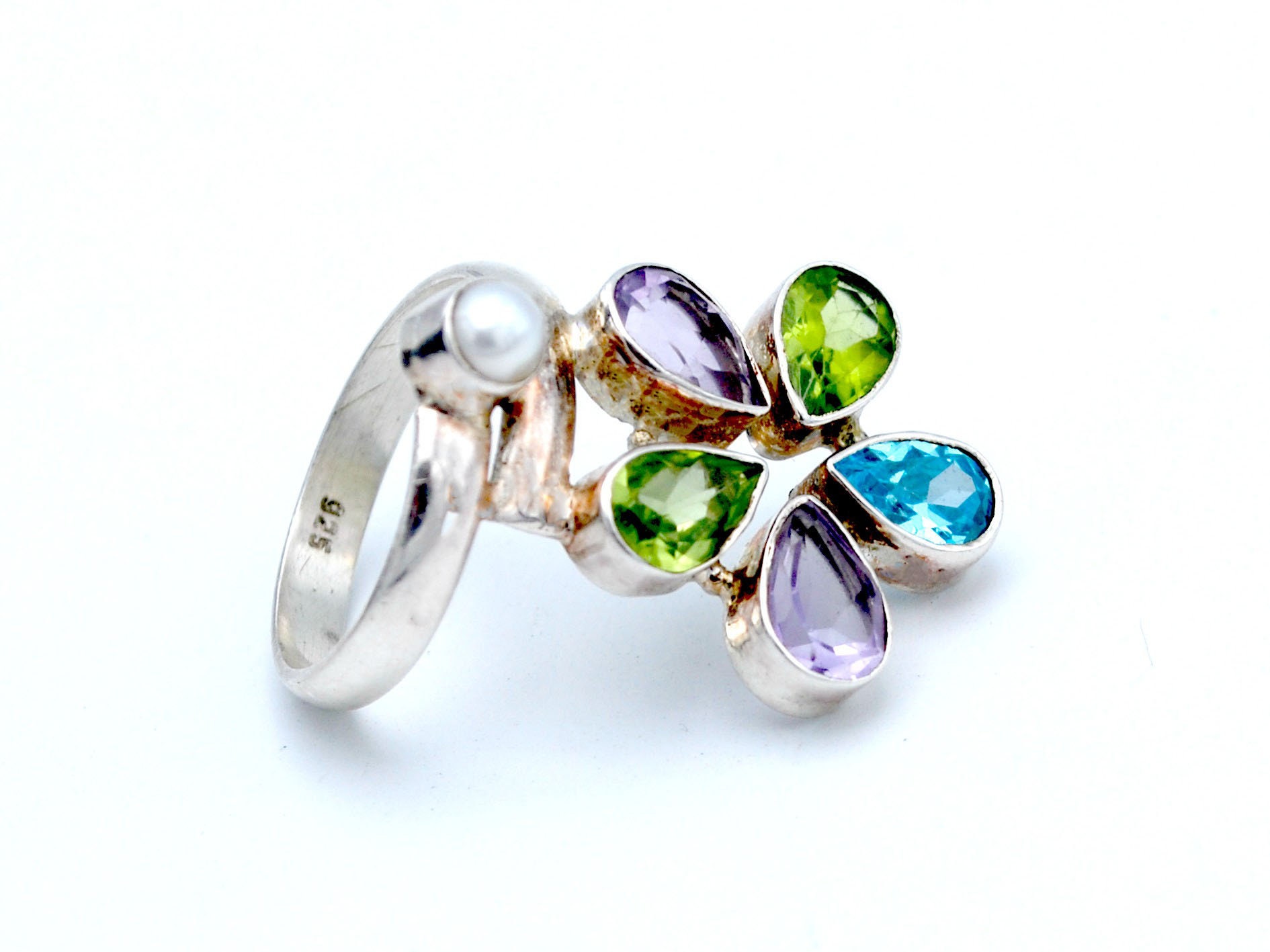 Multi gemstone Flower ring Sterling silver Amethyst Peridot | Etsy
