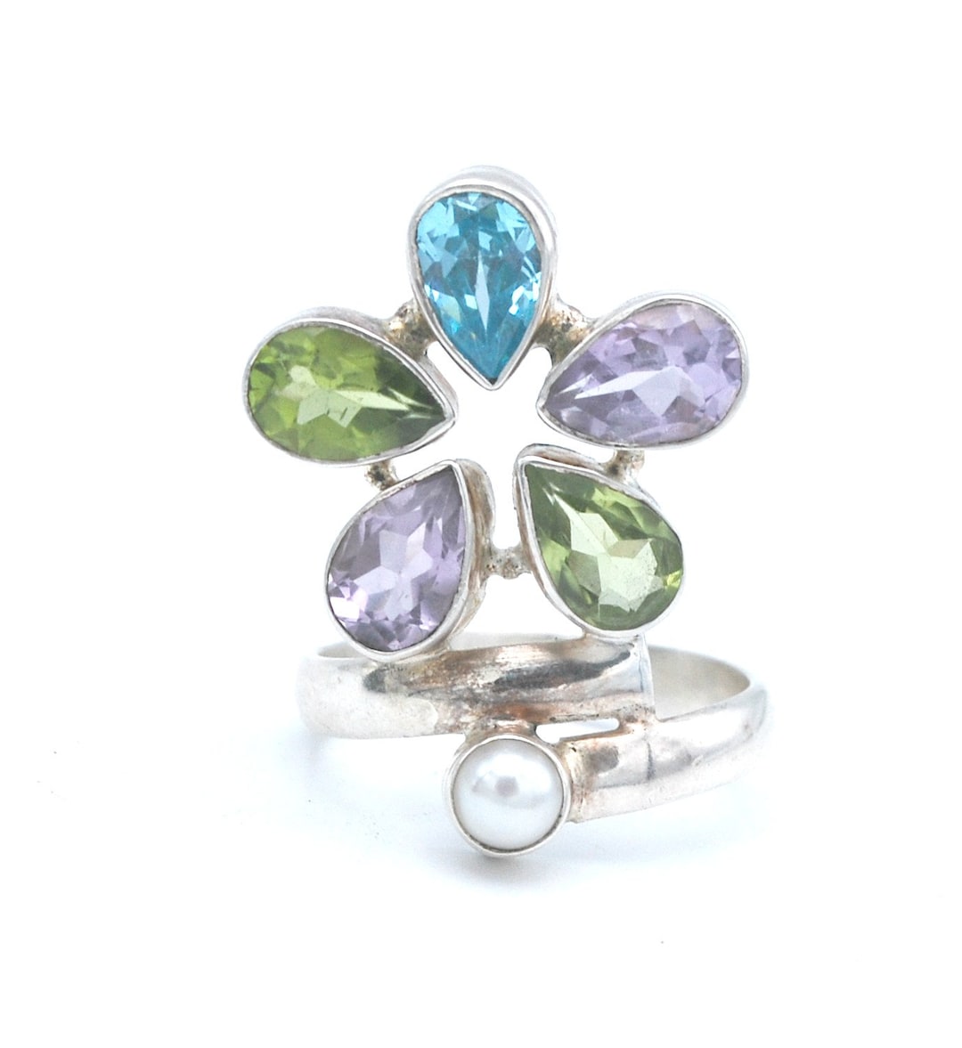 Multi Gemstone Flower Ring Sterling Silver Amethyst Peridot Topaz Pearl ...