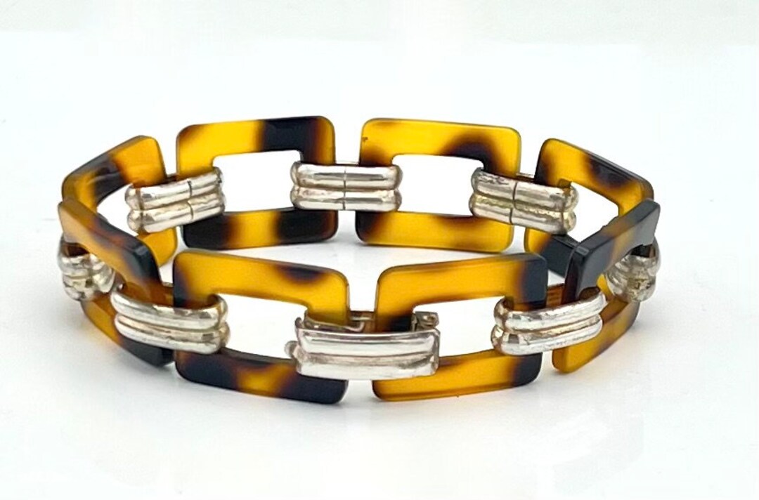 Faux Tortoise Shell Link Bracelet Marble Brown Vintage Lucite Plastic ...