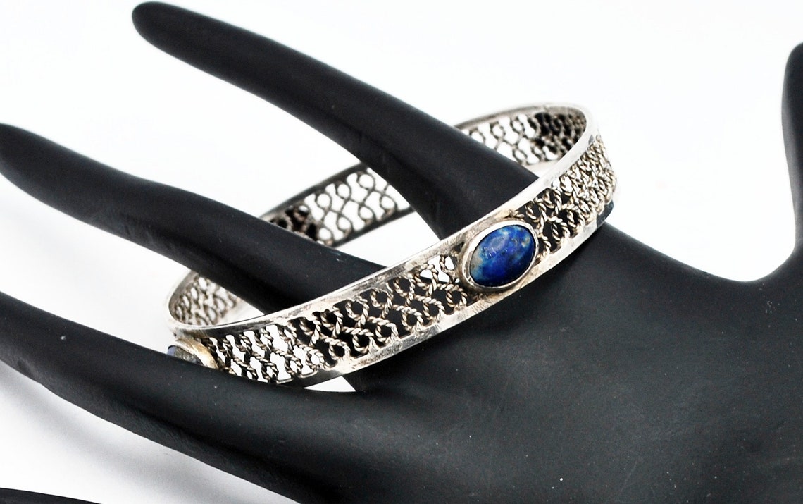 Sterling Silver Lapis Bangle Blue Gemstone Bracelet - Etsy