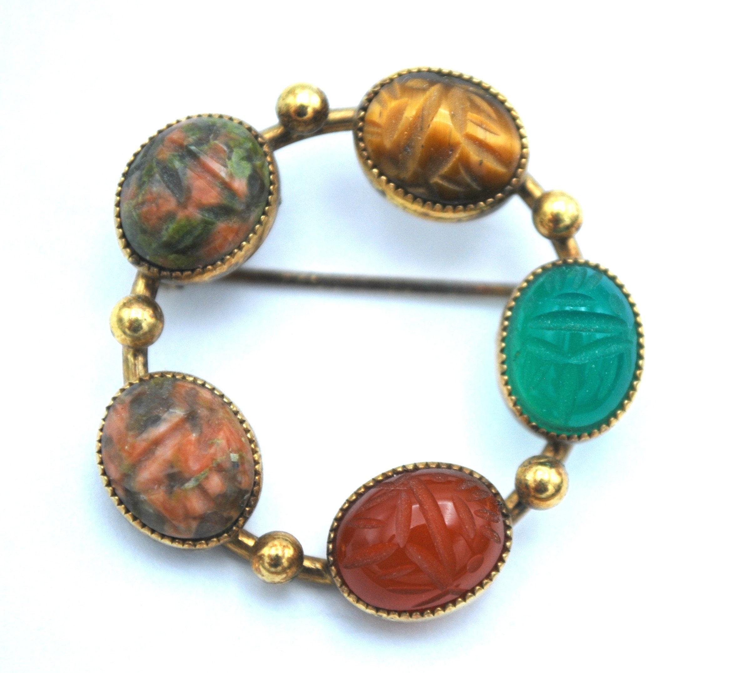 Scarab gemstone Brooch 1/20 12 GF gold filled Pin Signed | Etsy